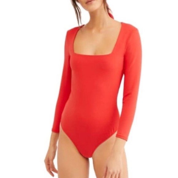 Free People | Tops | Free People Square Neck Long Sleeve Body Suit Medium M Top Blouse Pink Red ...